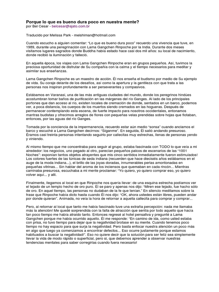 Porque Lo Que Es Bueno Dura Poco en Nuestra Mente | PDF | Religión y ...