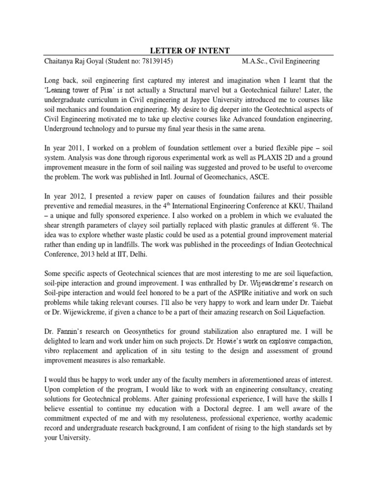 Letter of Intent for Geotechnical Engineering Masters Program | PDF ...
