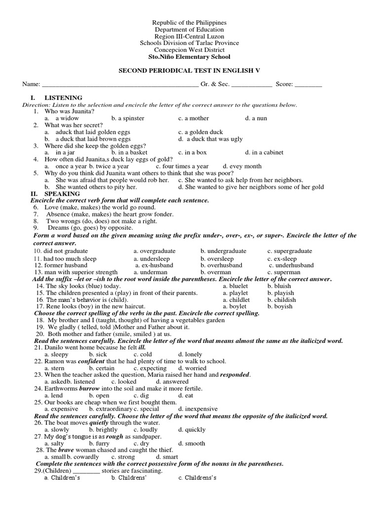First Periodical Test in English V | PDF