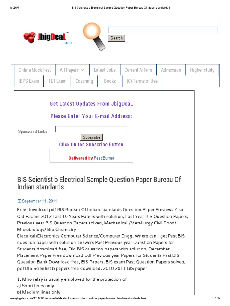 BIS Scientist B Electrical Sample Question Paper Bureau of Indian ...