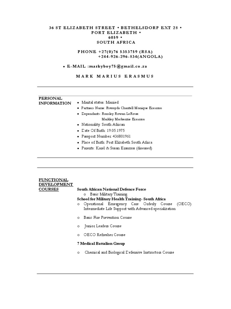 CV of Mark Erasmus | PDF | Emergency Medical Services | Paramedic
