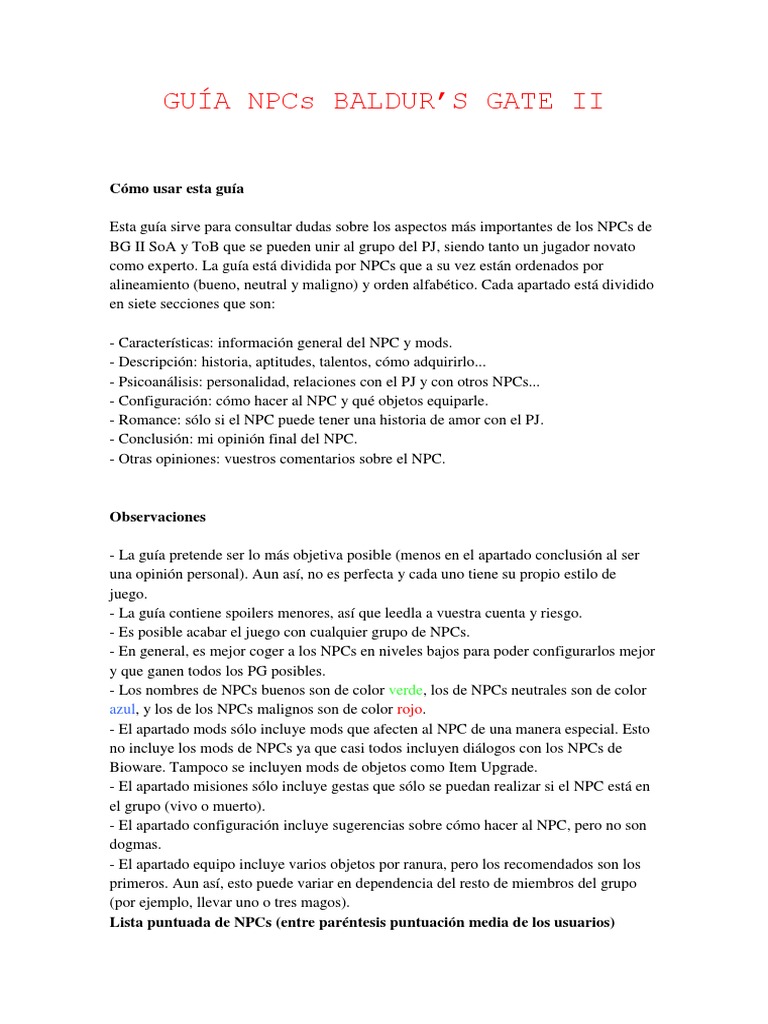 GUÍA NPCs BALDUR's II Saemon | PDF | Arco y flecha | Espada