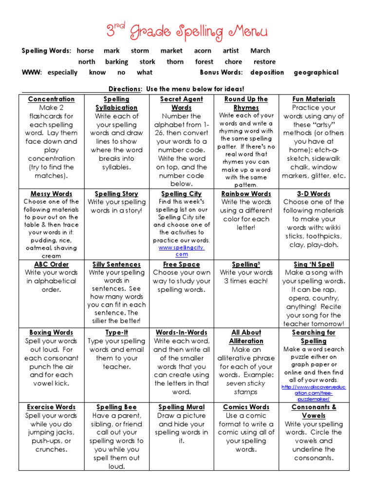 Spelling Menu R-Controlled Vowels | PDF | Languages | Language Arts ...