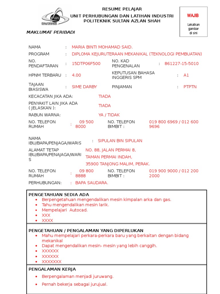 CTH Resume Pelajar Akan Li - Versi Baru | PDF