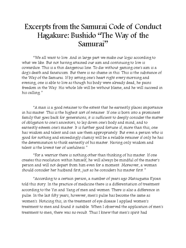Excerpts From The Samurai Code of Conduct Hagakure: Bushido " The Way ...