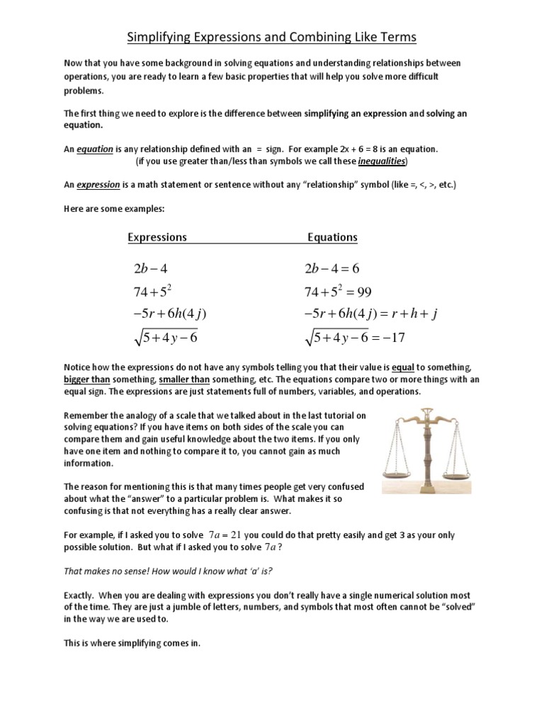 AR5 Simplifying Expressions and Combining Like Terms | PDF | Inequality ...