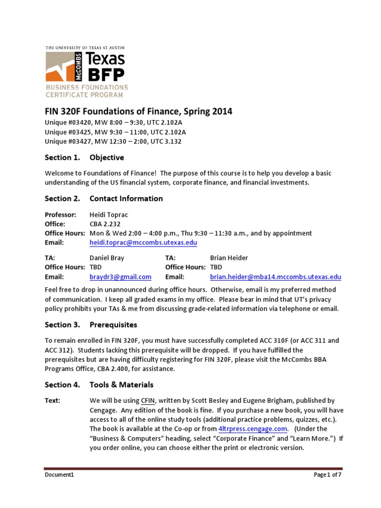 FIN 320F Syllabus Spring 2014 | PDF | Test (Assessment) | Academic ...