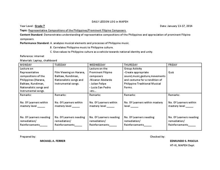 Daily Lesson Log in Mapeh
