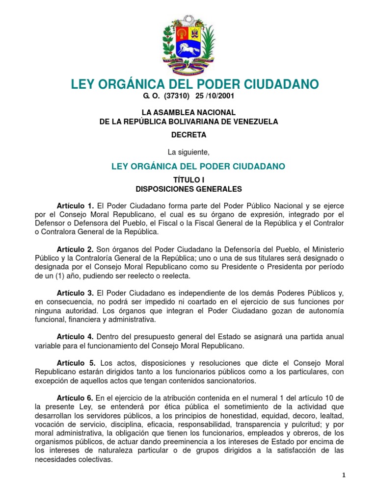 Ley Orgánica del Poder Ciudadano en Venezuela | PDF | Venezuela | Moralidad