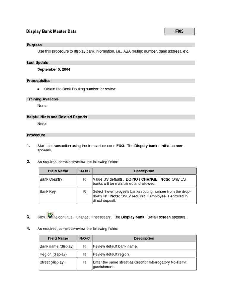FI03 Display Bank Master Data: Purpose | PDF | Finance & Money Management