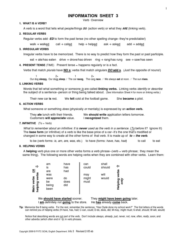 Verbs Information Sheet | PDF | Verb | Syntactic Relationships