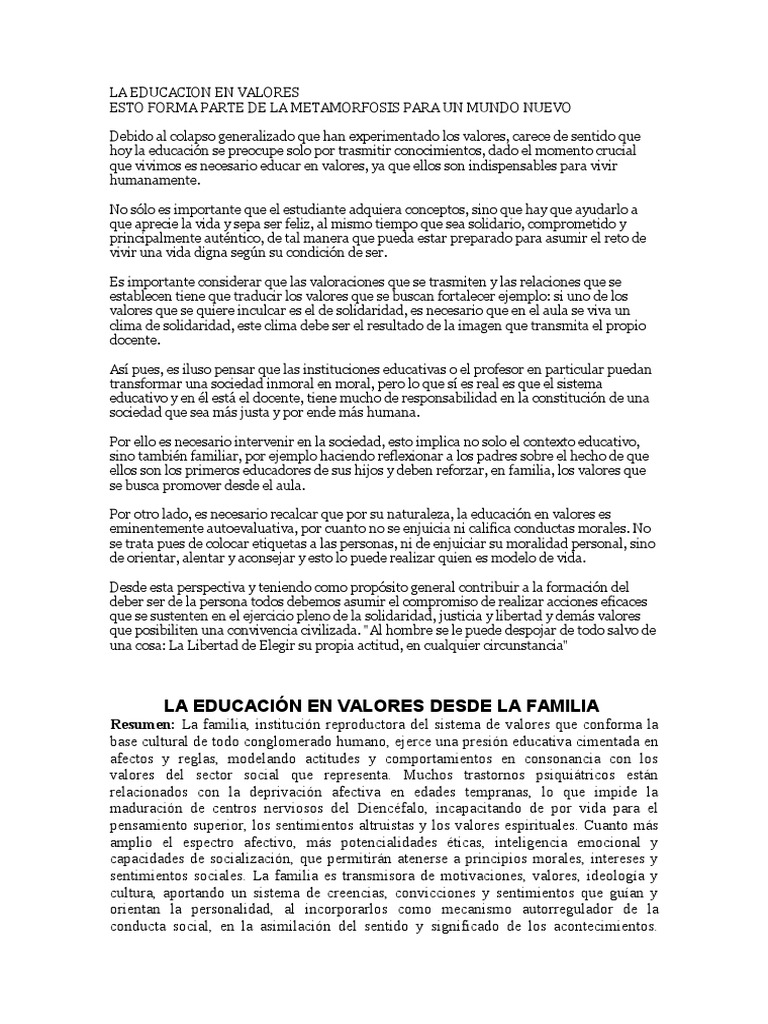 La Educacion en Valores | PDF