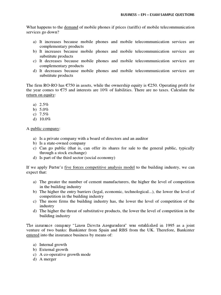 Business - Epi - Exam Sample Questions | PDF | Mobile Phones | Equity ...