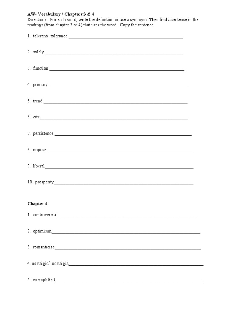 Vocabulary Definitions: Chapters 3 & 4 | PDF