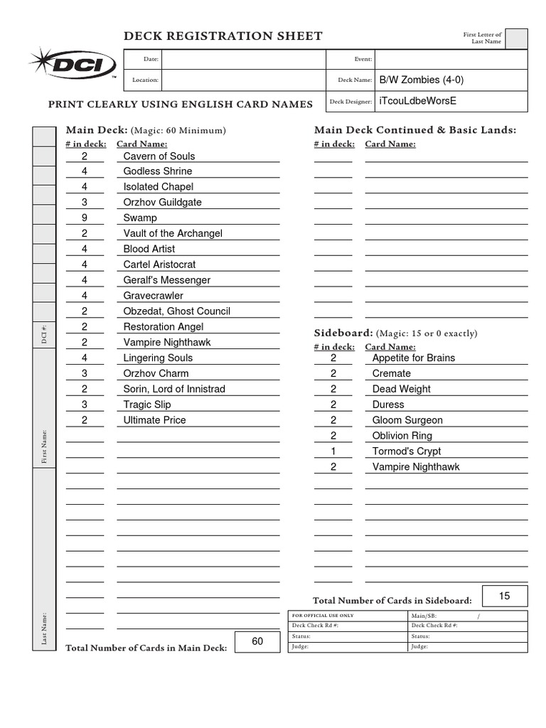 Deck Registration Sheet: Main Deck: Main Deck Continued & Basic Lands ...