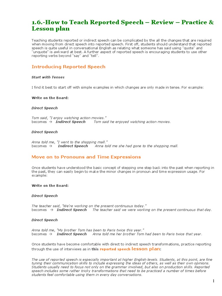 Teaching Reported Speech: Lesson Plan | PDF | Grammatical Tense | Verb