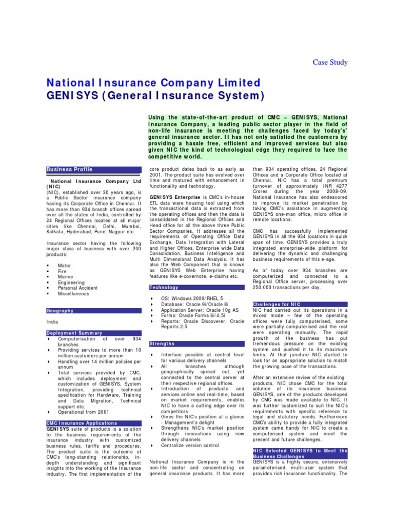 National Insurance Company Limited: GENISYS (General Insurance System ...