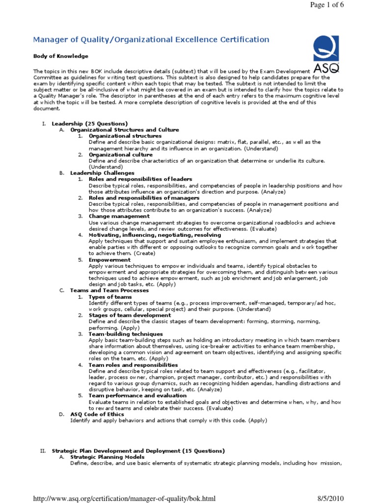 Manager of Quality/Organizational Excellence Certification | PDF ...