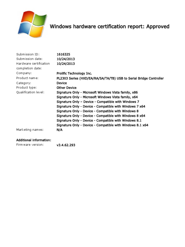 Windows Hardware Certification: PL2303 | PDF