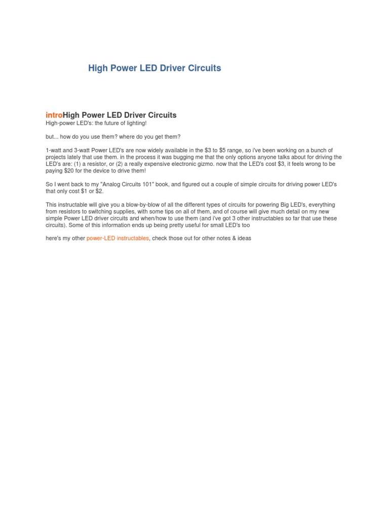 High Power Led Driver Circuit | PDF | Resistor | Light Emitting Diode