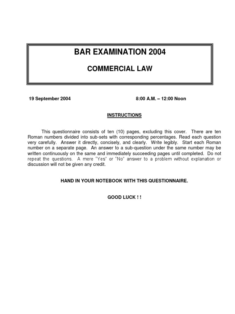 Commercial Law Bar Exam Questions 2004 | PDF | Lawsuit | Cheque