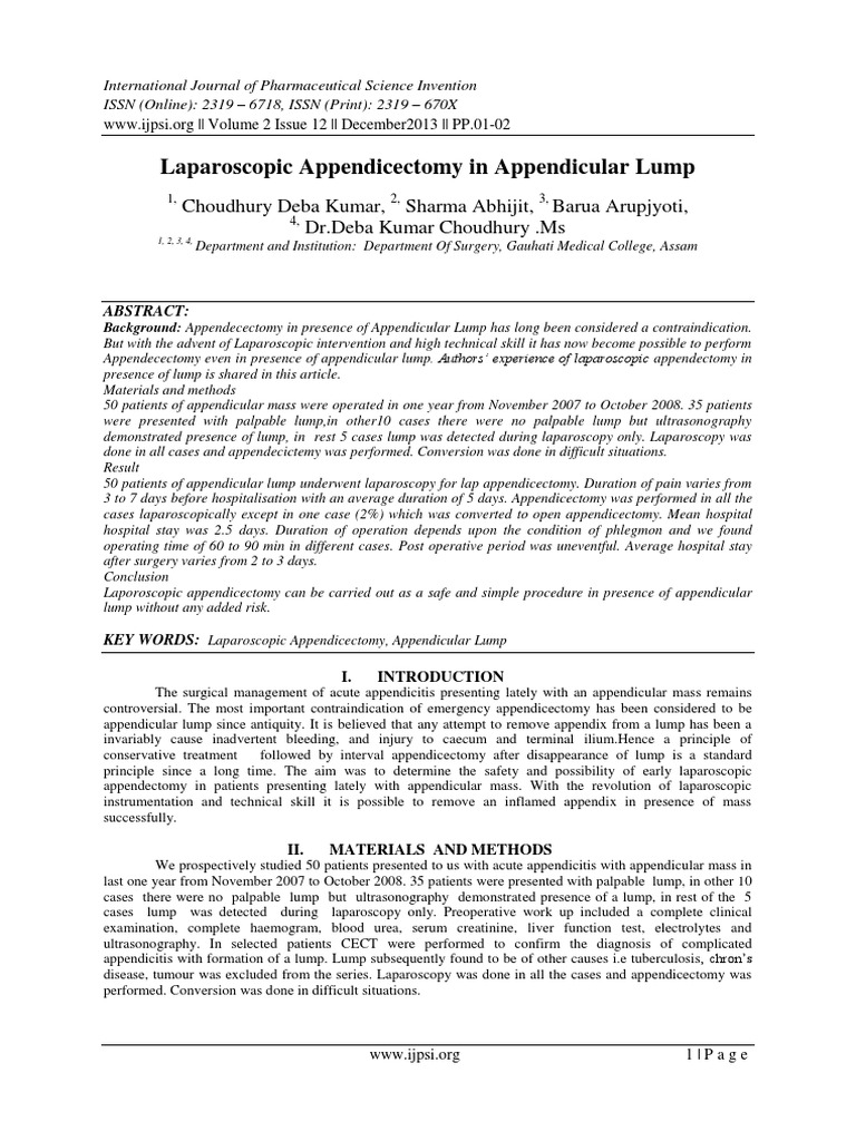 Laparoscopic Appendicectomy in Appendicular Lump | PDF | Surgery ...