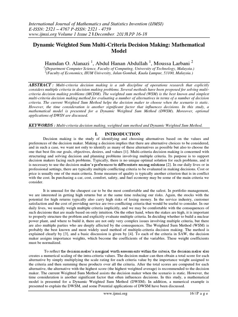 Dynamic Weighted Sum Multi-Criteria Decision Making: Mathematical Model ...