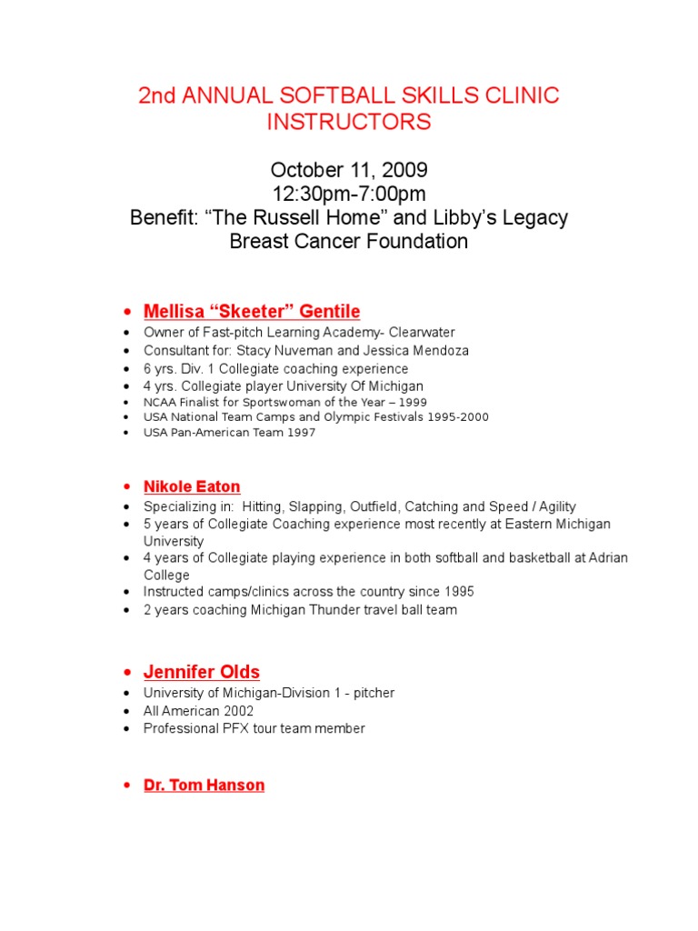2nd Annual Softball Skills Clinic Instructors | PDF | Softball ...