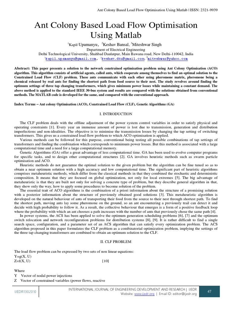 Ant Colony Based Load Flow Optimisation Using Matlab: Upamanyu Keshav ...