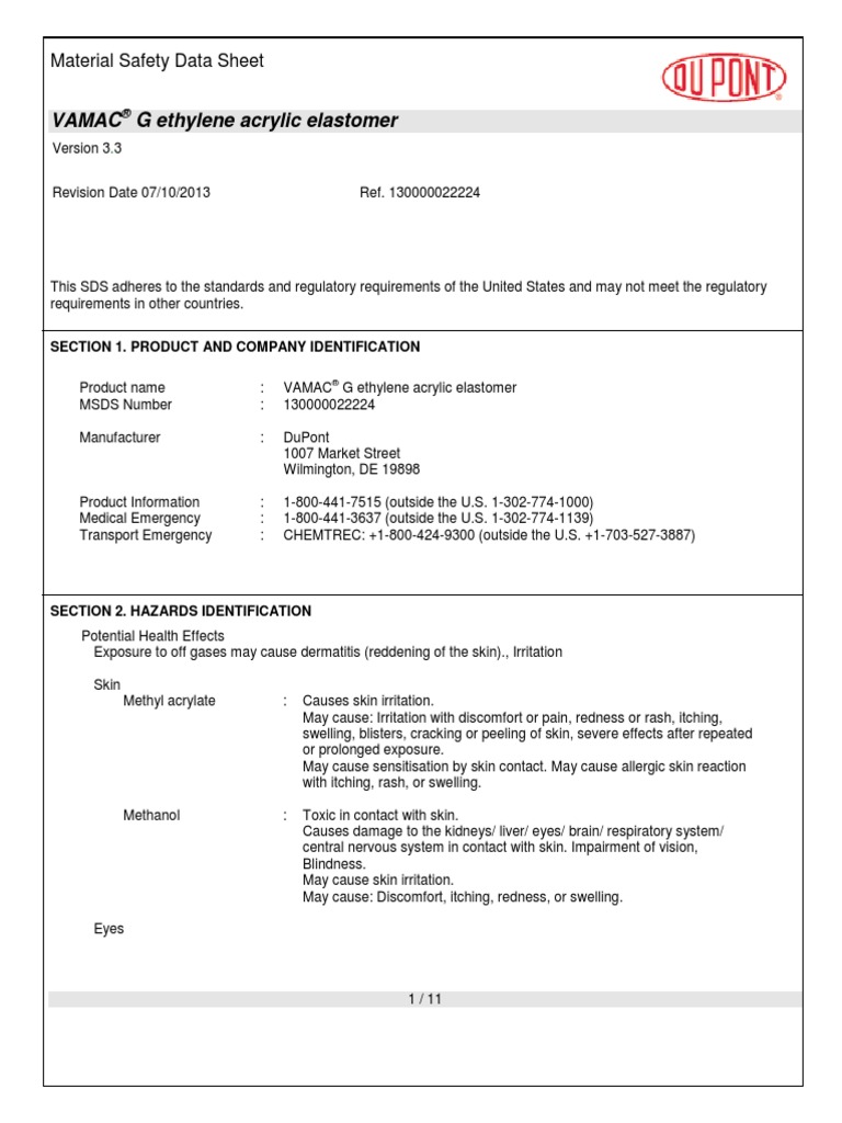Vamac G Ethylene Acrylic Elastomer: Material Safety Data Sheet | PDF | Toxicity | Carbon Dioxide