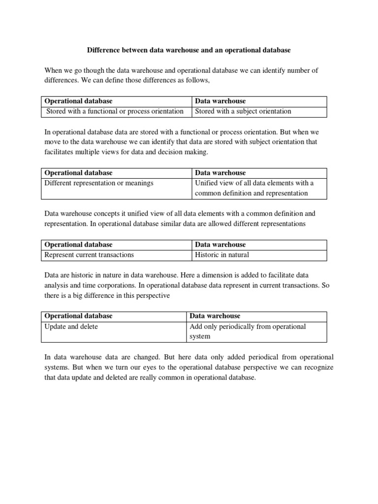 Difference Between Data Warehouse and An Operational Database | PDF ...