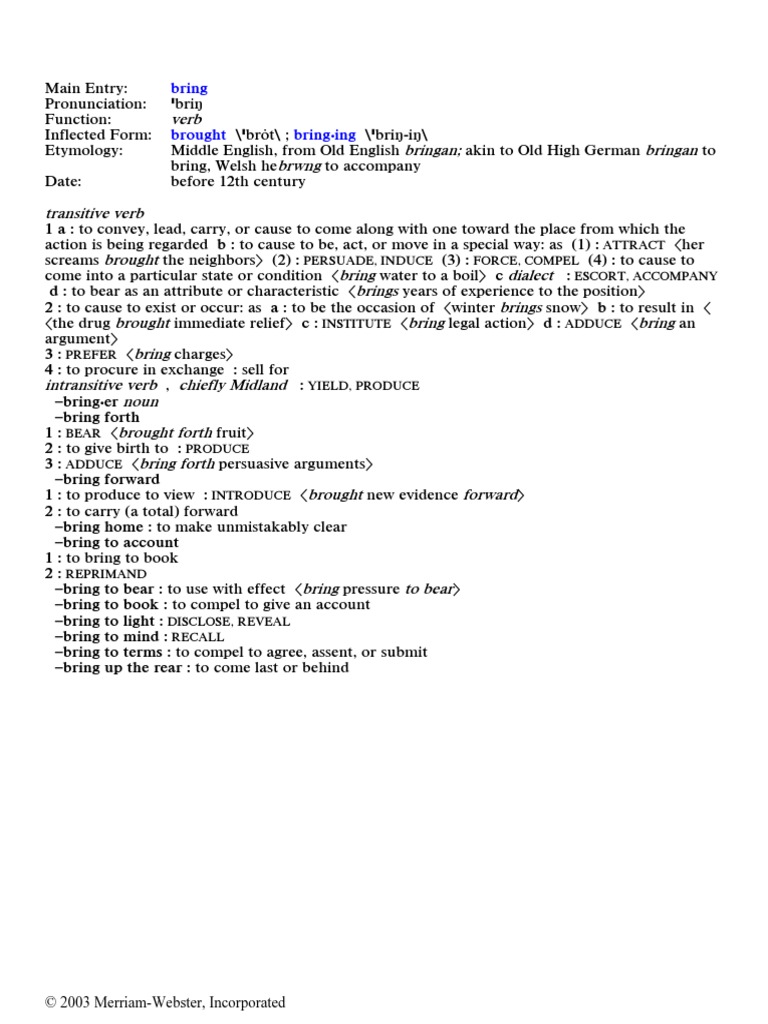 Bring: Attract Persuade, Induce Force, Compel Escort, Accompany | PDF ...