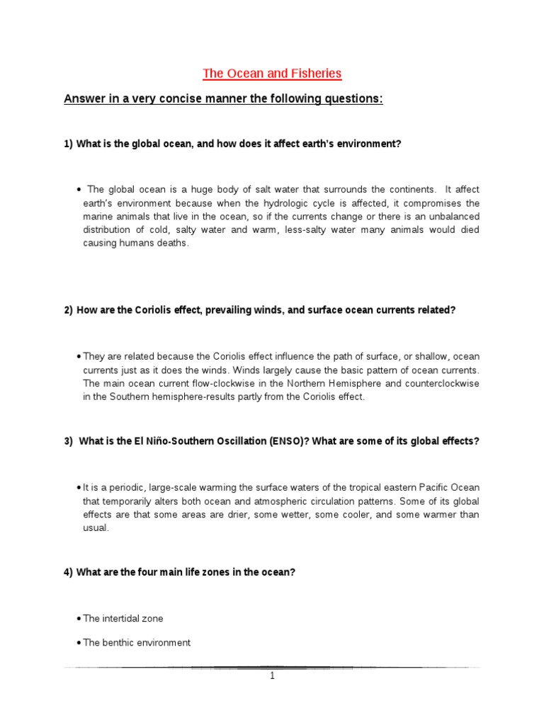 The Ocean and Fisheries: Answer in A Very Concise Manner The Following ...
