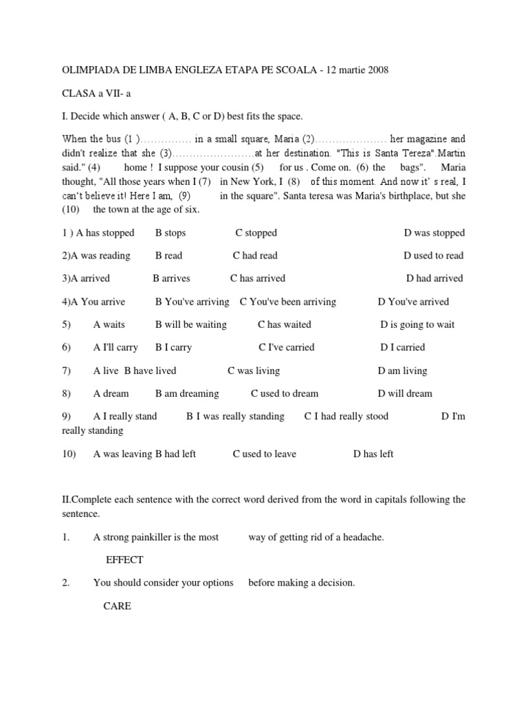 Model Subiect Olimpiada de Limba Engleza Etapa Pe Scoala Clasa A VIIa | PDF