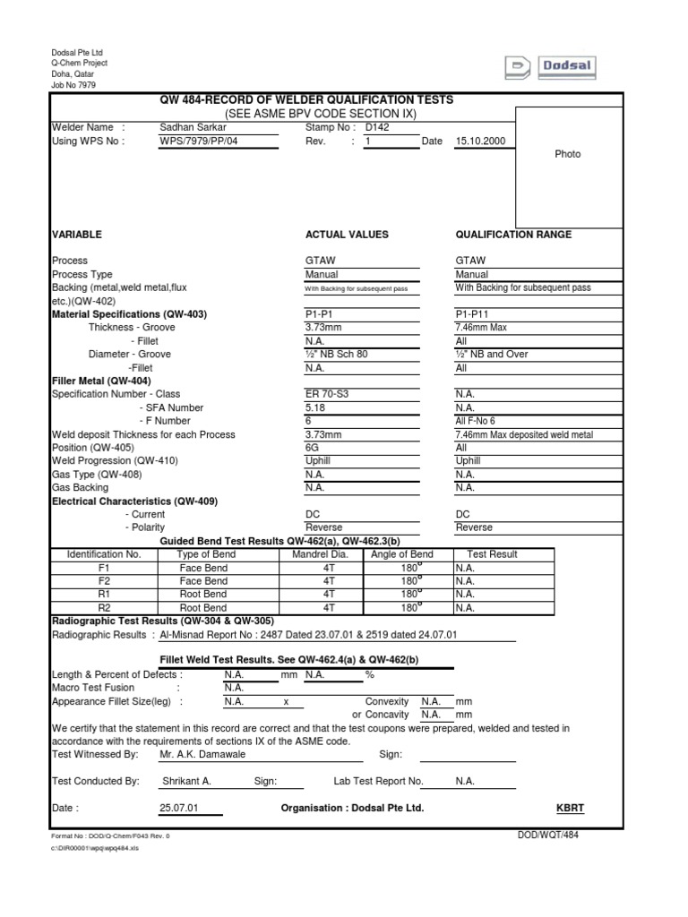 QW 484-Record of Welder Qualification Tests: (See Asme BPV Code Section ...