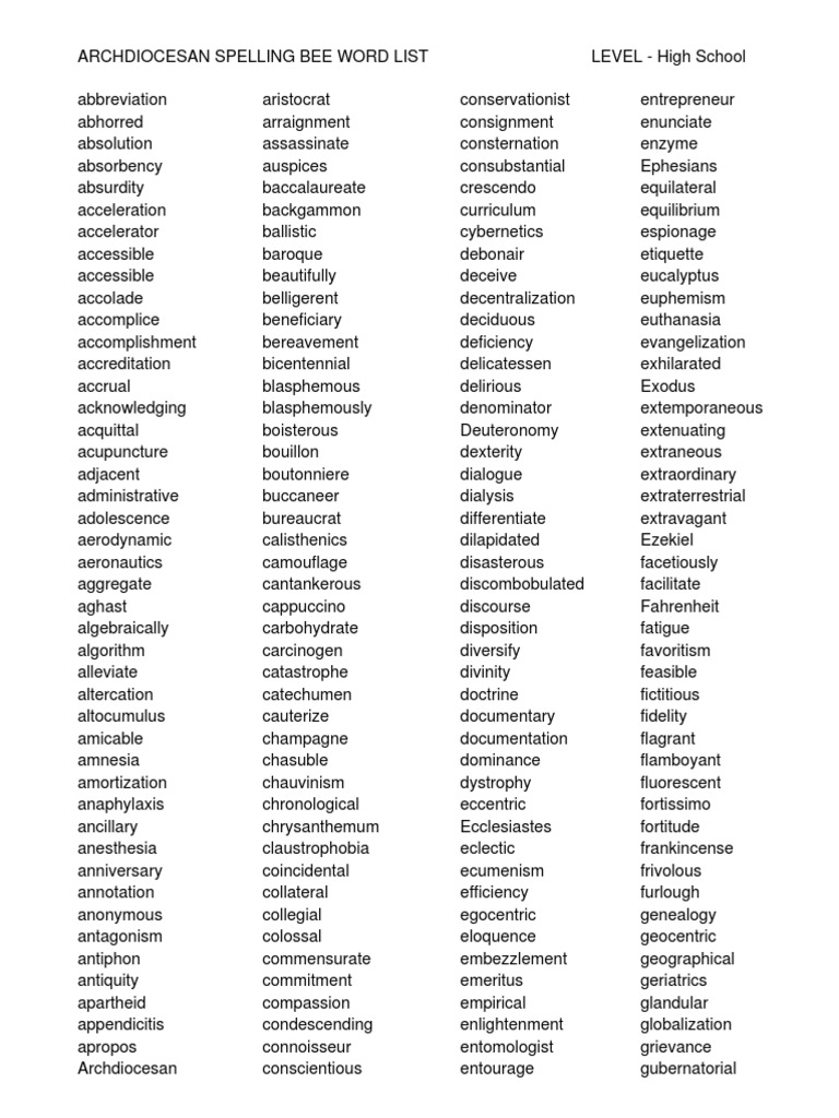 Spelling Bee Word List - HS Rev 2012 | PDF