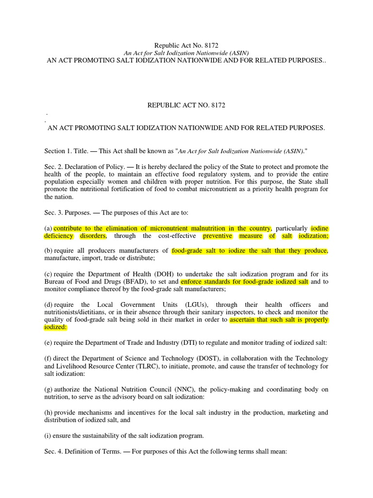 ASIN Law: Nationwide Salt Iodization | PDF | Micronutrient ...