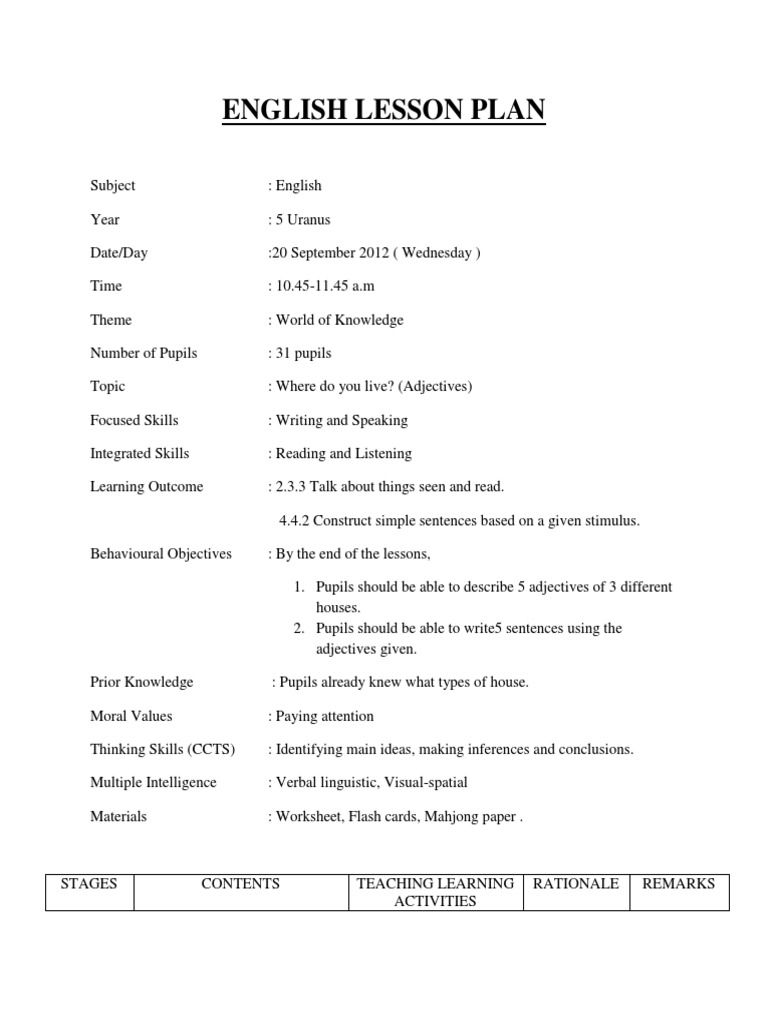 Contoh Rancangan Mengajar | PDF | English Language | Lesson Plan