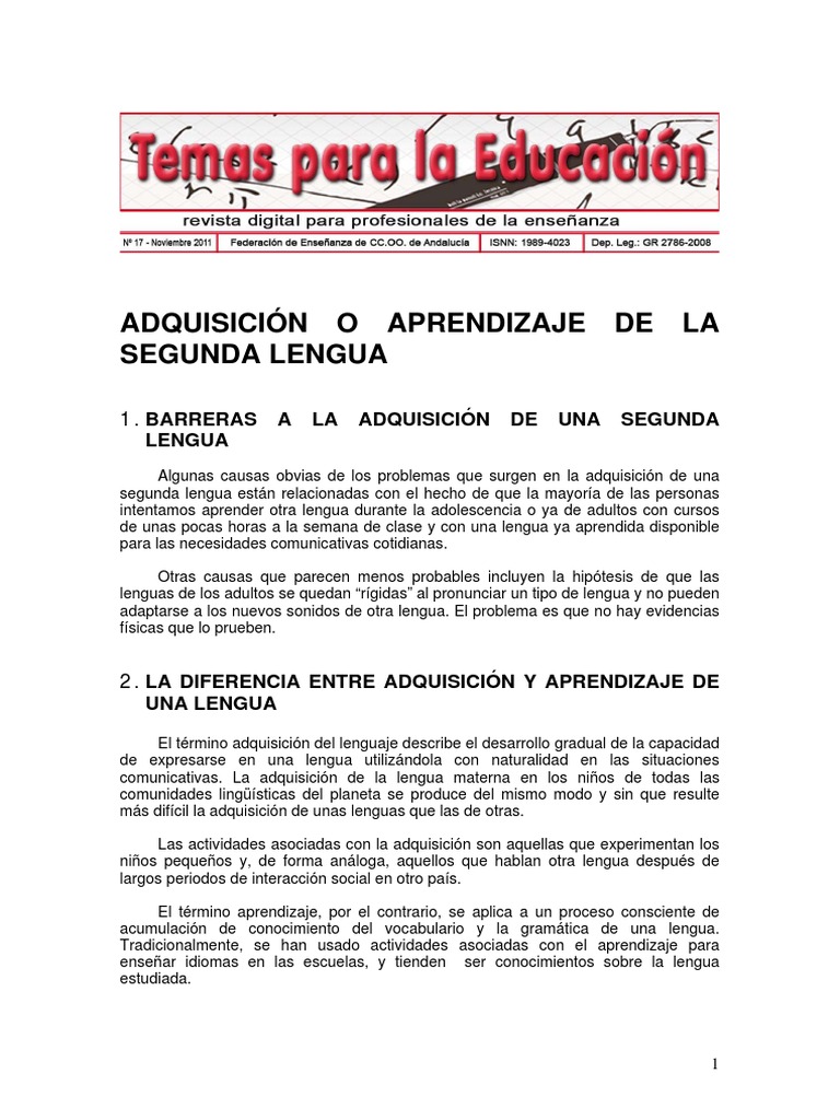 Aprendizaje o Adquisición de Una Segunda Lengua | PDF | Segundo ...