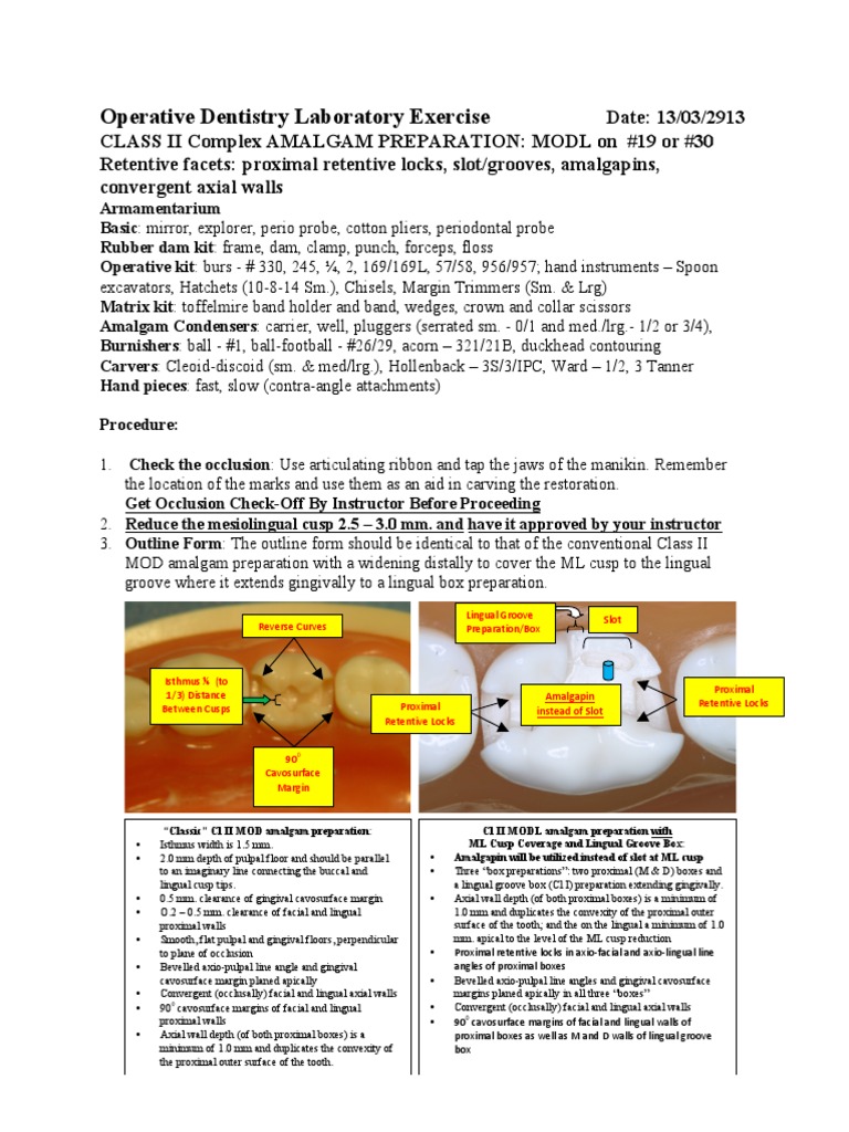Operative Dentistry Laboratory Exercise Complex MODBL Amalgapins Date ...
