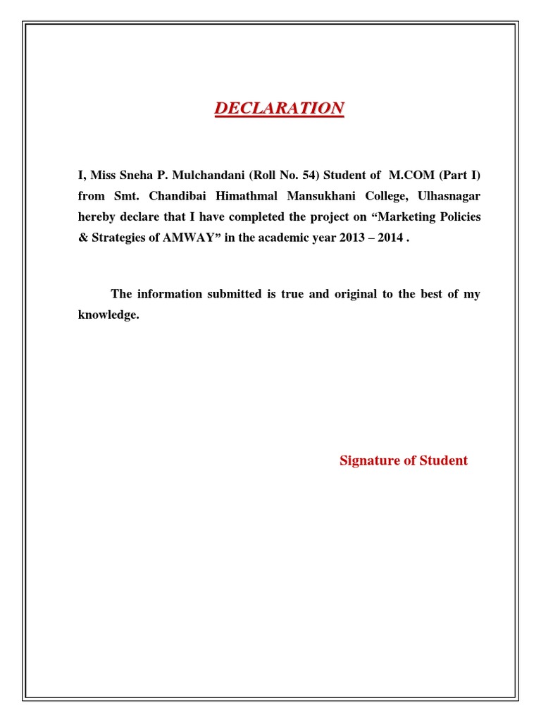 Declaration | PDF | Strategic Management | Market (Economics)