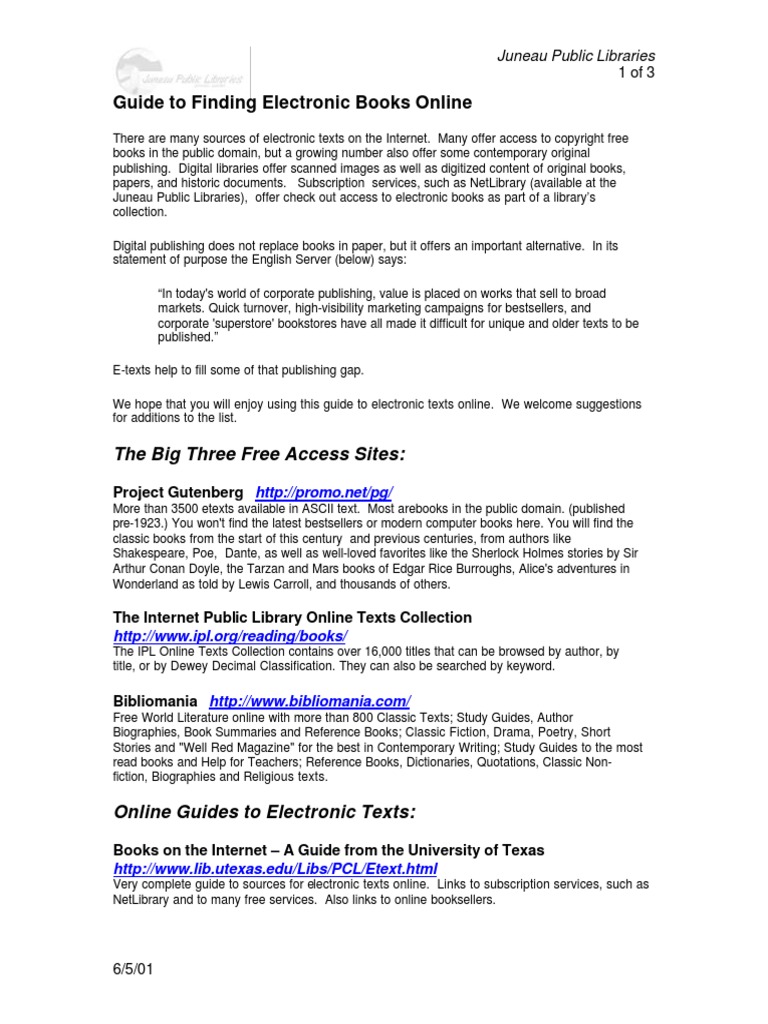 Guide To Finding Electronic Books Online: The Big Three Free Access ...