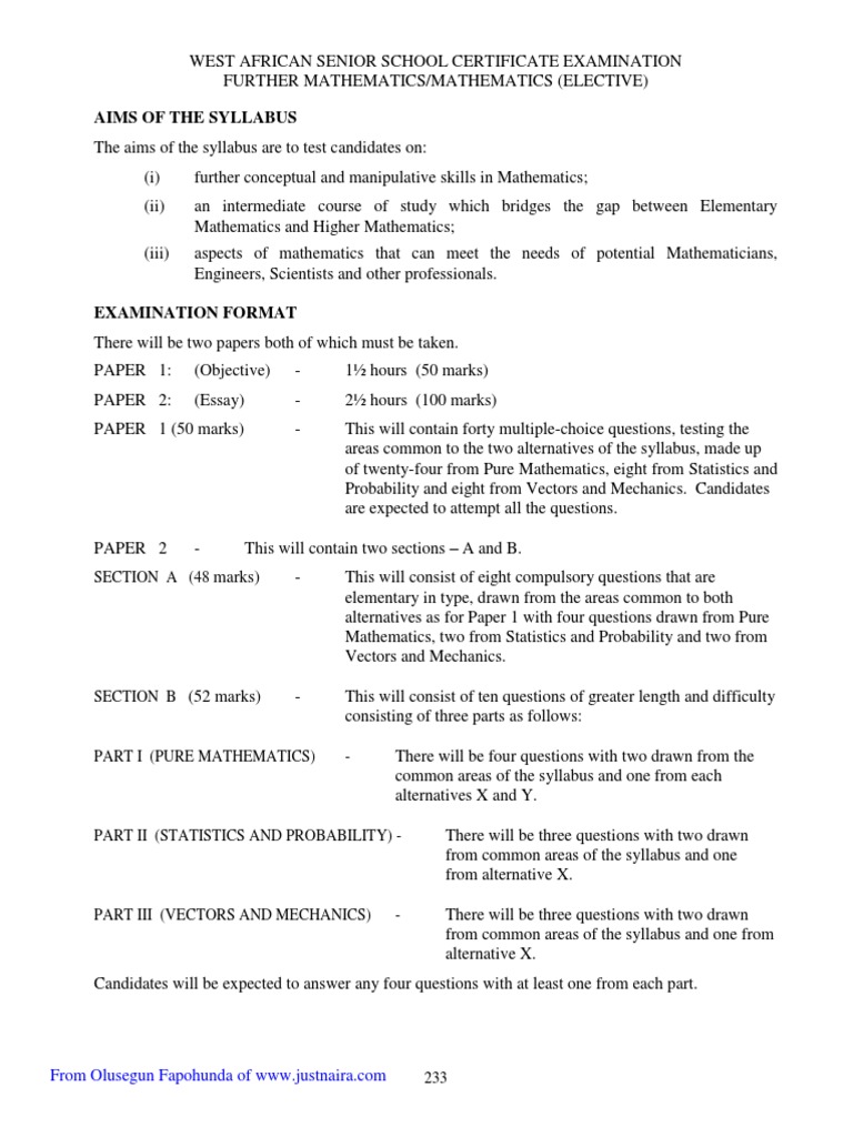 Further Mathematics Waec Syllabus | PDF | Trigonometric Functions ...