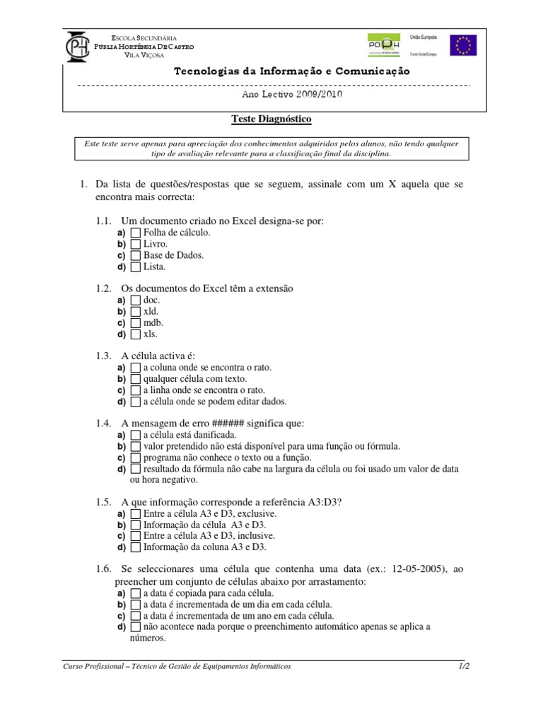 Teste Diagnostico TIC Prof | PDF | Informação | Microsoft Excel
