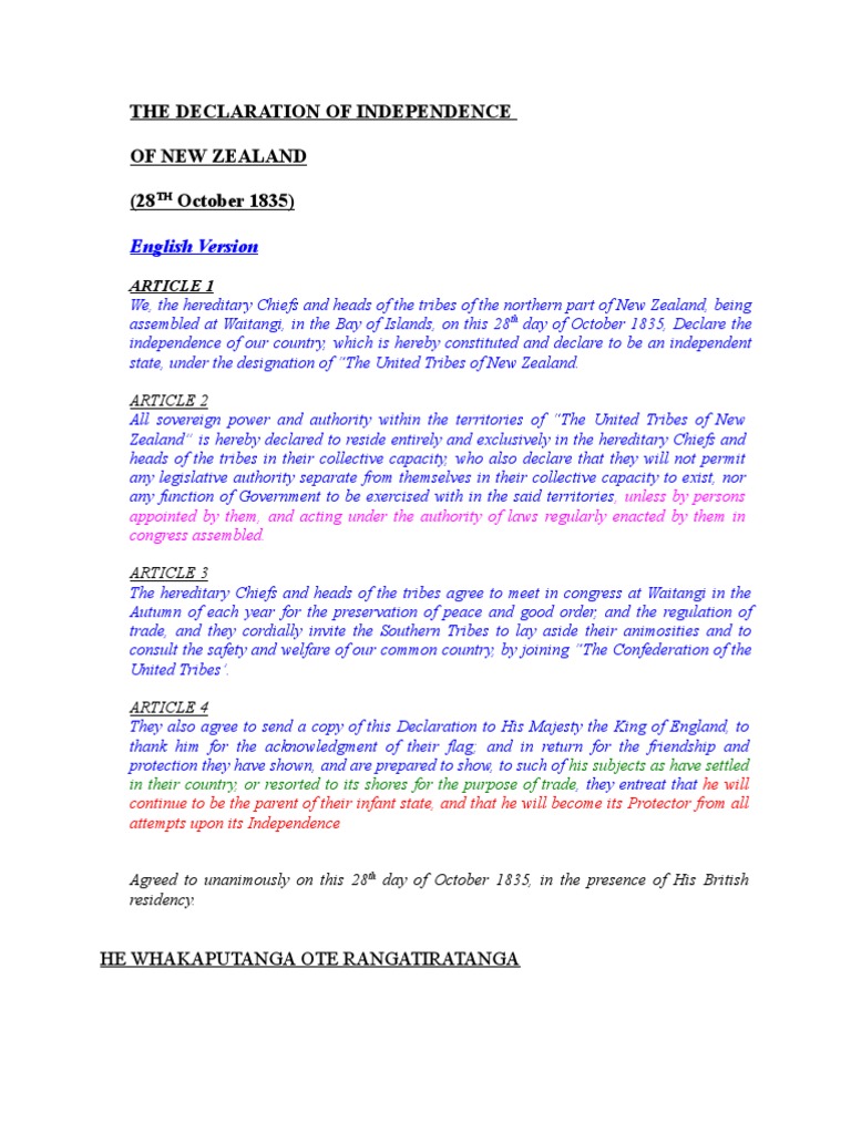 The Declaration 1835 & Te Tiriti 1840 Colour | PDF | New Zealand ...