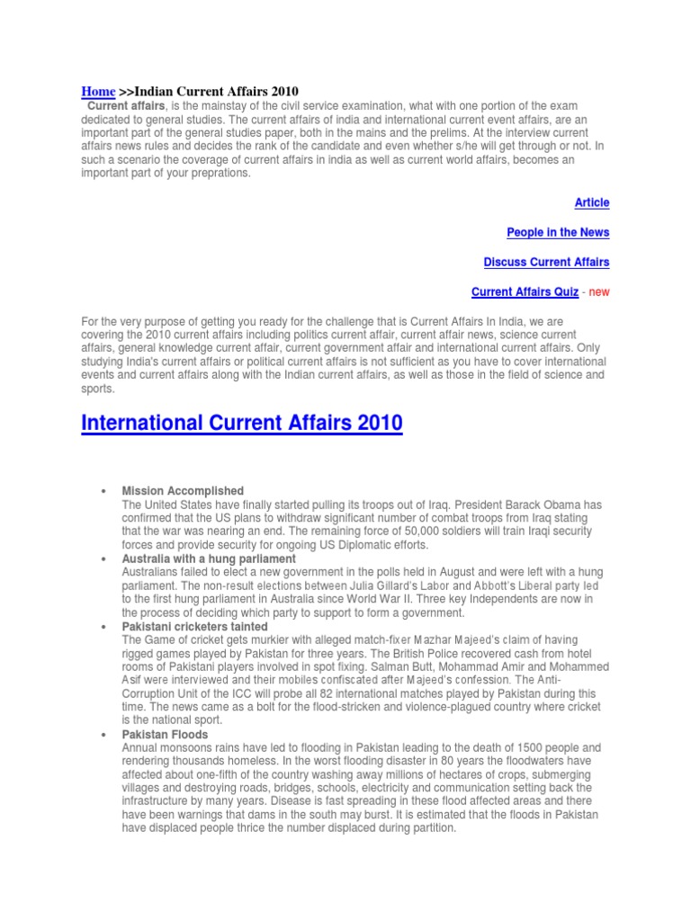 Indian Current Affairs 2010 Overview | PDF