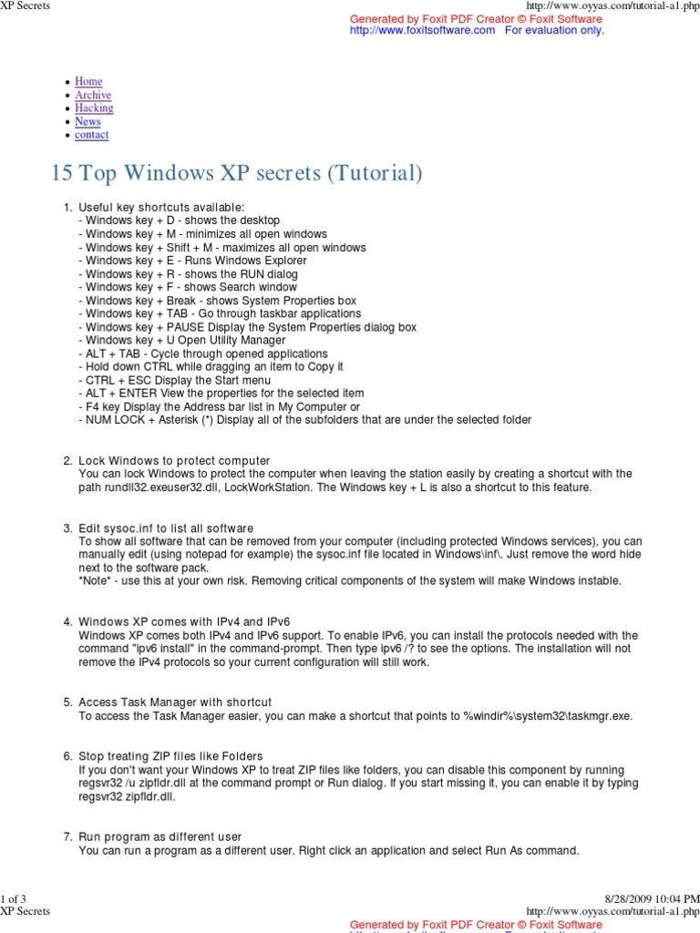 15 Top Windows XP Secrets (Tutorial) : News Contact | PDF | Command ...