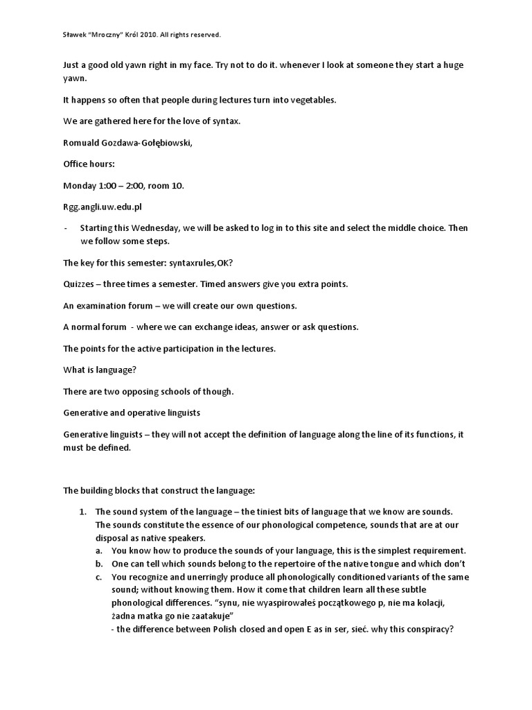 Syntax Notatki | PDF | Language Acquisition | Morphology (Linguistics)