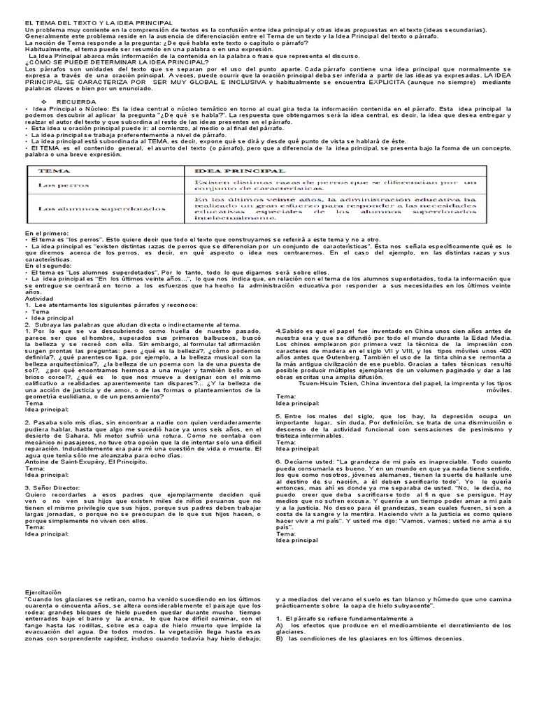 Tema e Idea Principal de Un Texto | PDF | Fábula | Cuentos