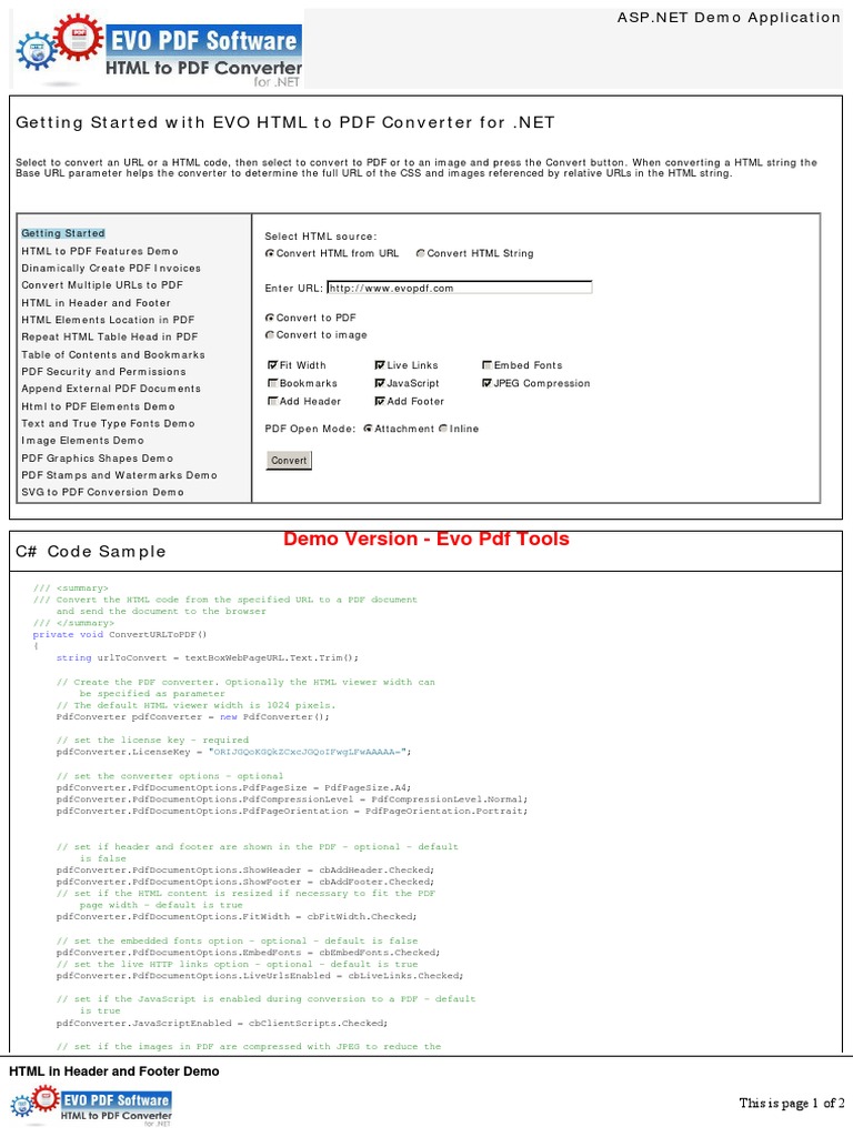 Getting Started With EVO HTML To PDF Converter | PDF | Portable Document Format | Html